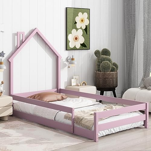 Twin Size Platform Bed, Wooden Platform Bed Frame with House-Shaped Headboard, Floor Bed with Fences for Kids Boys Girls Bedroom (Pink 01)