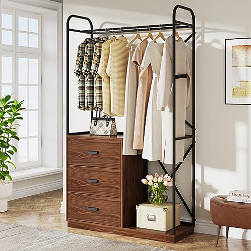 Tribesigns Freestanding Clothes Rack with 3 Drawers, Industrial Garment Rack Wardrobe Closet with Hanging Rod, Heavy Duty Wood Closet Organizer for Bedroom
