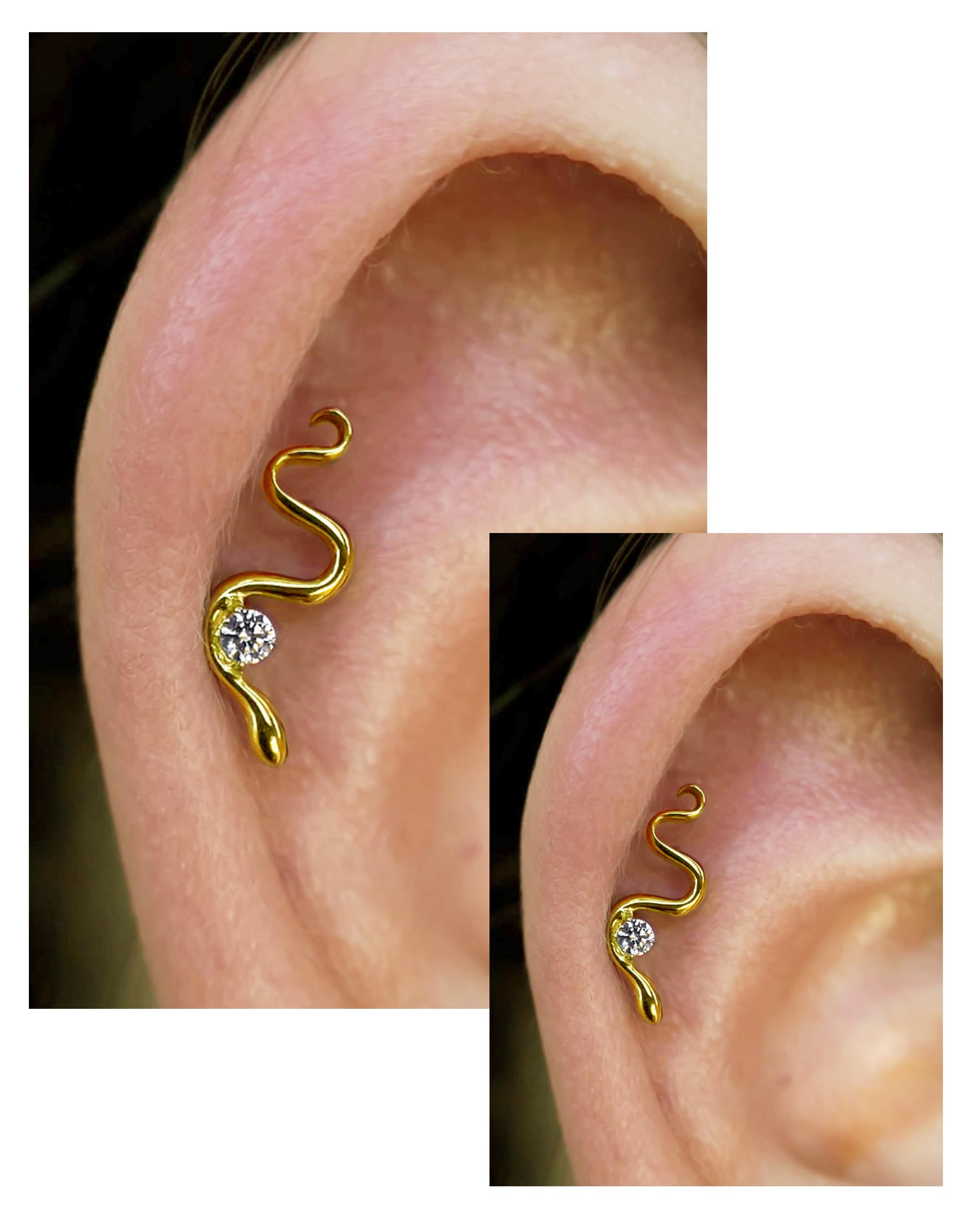 Jewseen 14K Solid Gold Snake Cartilage Earring 16g Flat Back Stud Helix Piercing Jewelry Tragus Earring Conch Stud Titanium Labret Post Lip Ring Nose Stud for Women Men