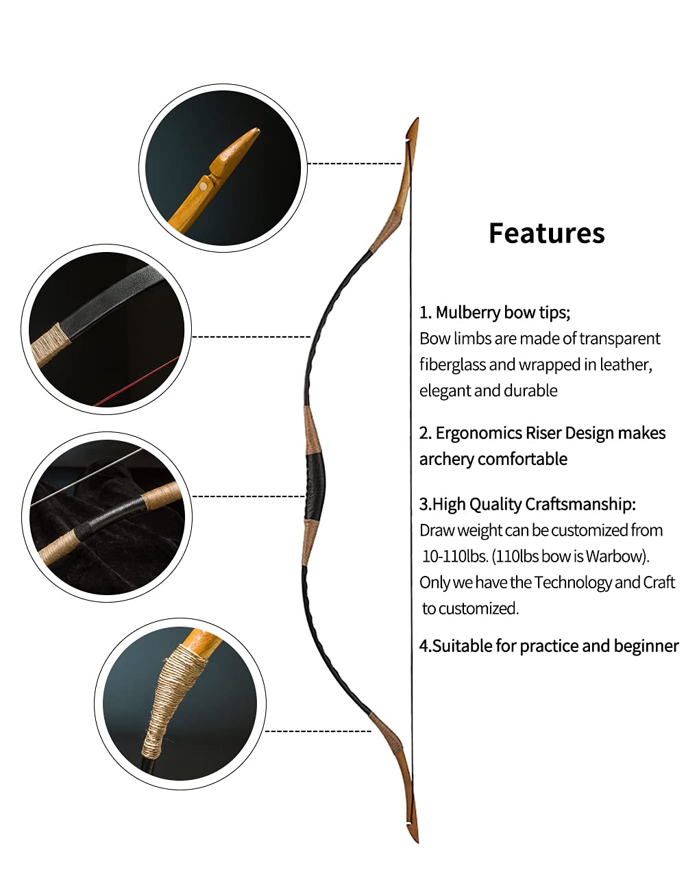 Hungarian Style Handmade Longbow Flagella Recurve Horsebow Archery 60LB