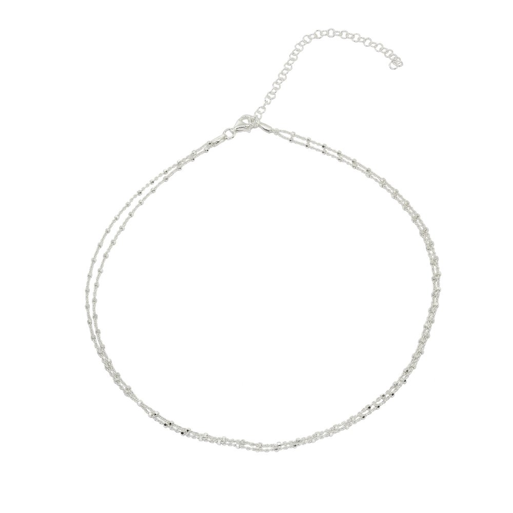 Hoops & Loops 925 Sterling Silver Italian Double Strand Dainty Beads Chain Choker Necklace for Women Teen Girls, 13" + 3" extender.