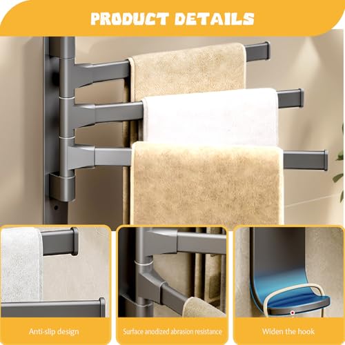 Swivel Towel Rack, 12" 3-Arm Wall Mounted Towel Rack, 180 Degree Swing Out Bathroom Towel Rack for Multiple Towels, Anti-Slip Towel Bar with Hook for Bathroom, Kitchen, Wall(Gun-Grey)