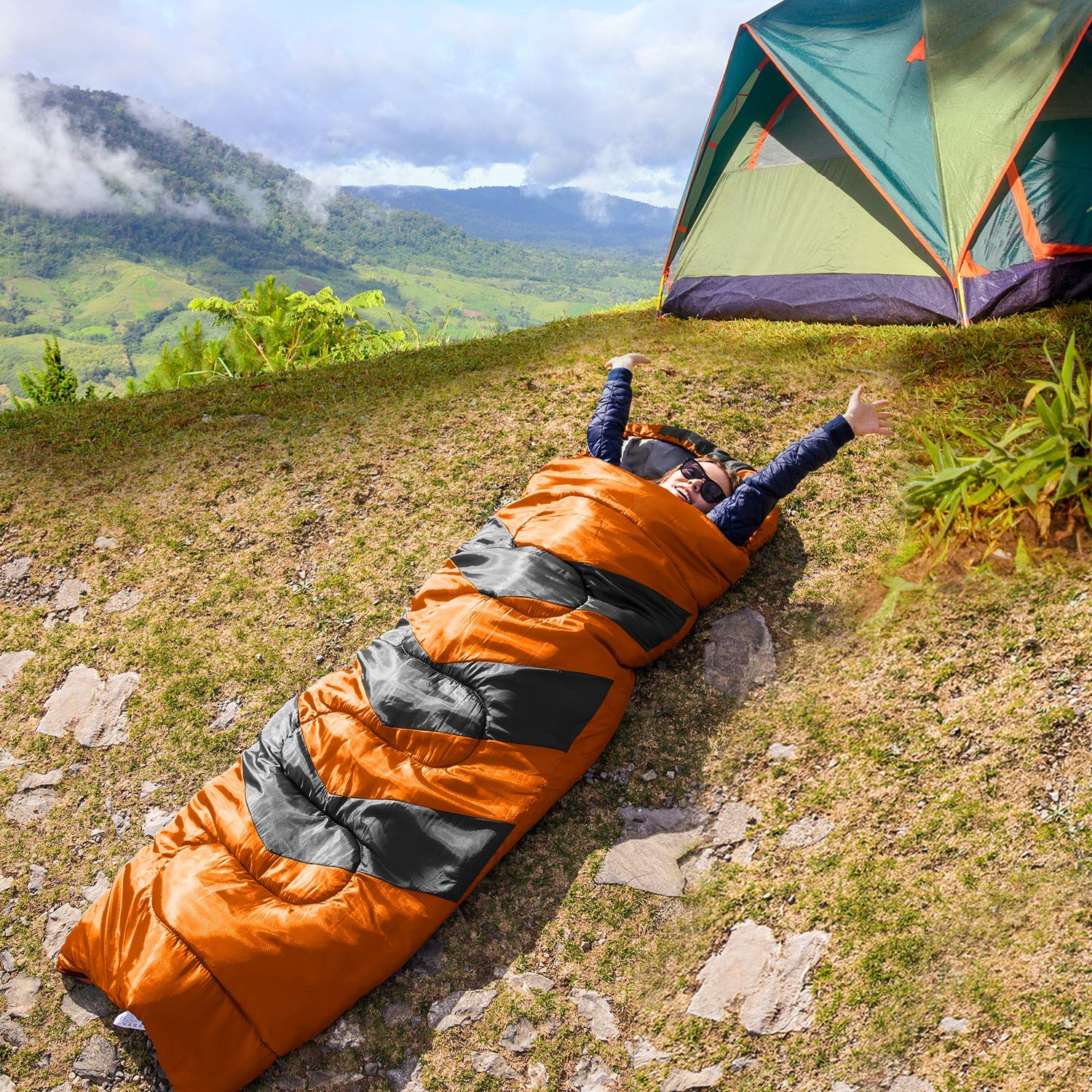 HiHiker Camping Sleeping Bag + Travel Pillow w/Compact Compression Sack – 4 Season Sleeping Bag for Adults & Kids – Lightweight Warm and Washable, for Hiking Traveling. (Orange)