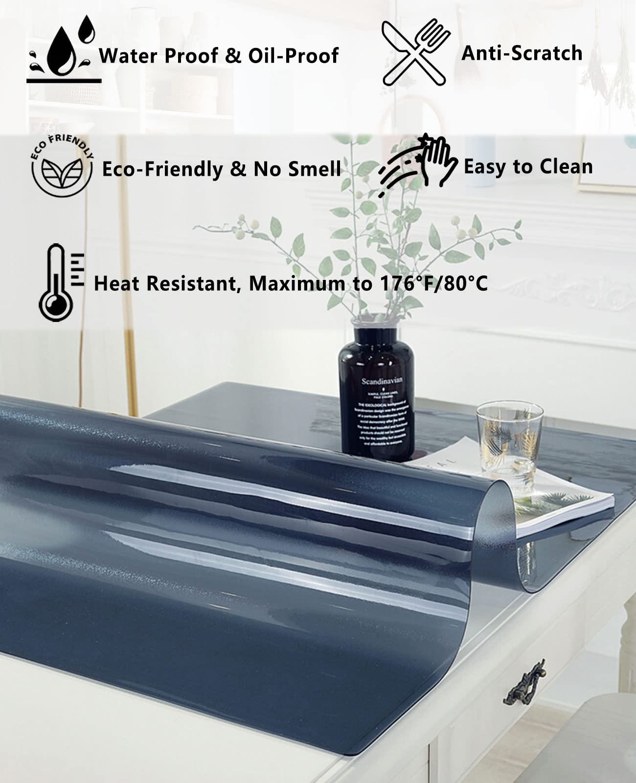 HQYG 1.6mm Thick 54x54 Inches Frosted Table Cover Protector, Square Table Protector for Dining Room Table, Plastic Tablecloth Protector, Table Pad for Kitchen Wood Grain, Black Frosted