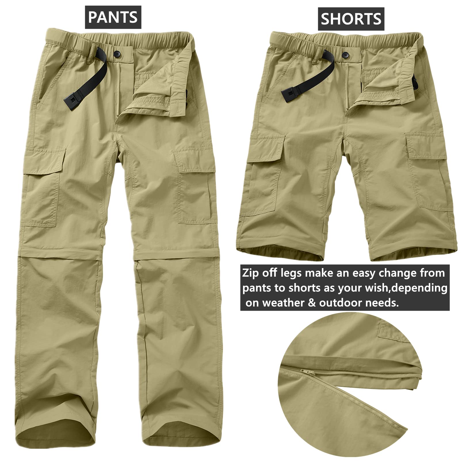 Hiking Pants for Men Convertible Zip Off Boy Scout Quick Dry Lightweight Cargo Travel Safari Pants (ZB02 Khaki 36)