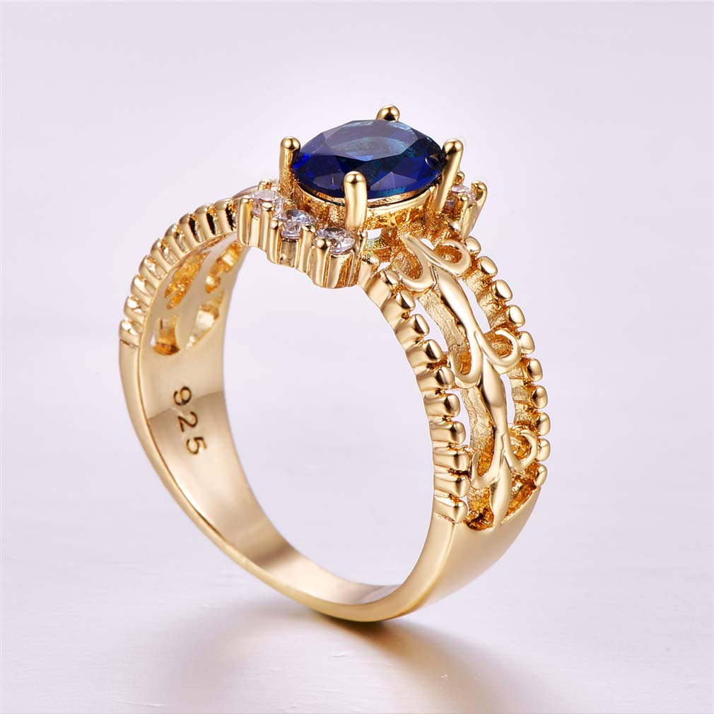 Honghu 18K Gold Plated Oval Shape Gemstone Chunky Vintage Queen Dainty Ring Cocktail Retro Statement Royal Blue #8