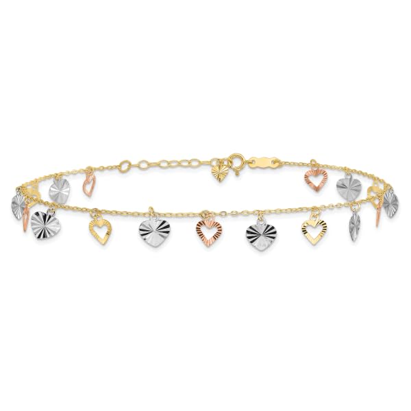 IceCarats 14K Tri Color Gold Heart Love 9 inch Anklet Summer Beach Foot Ankle Bracelet