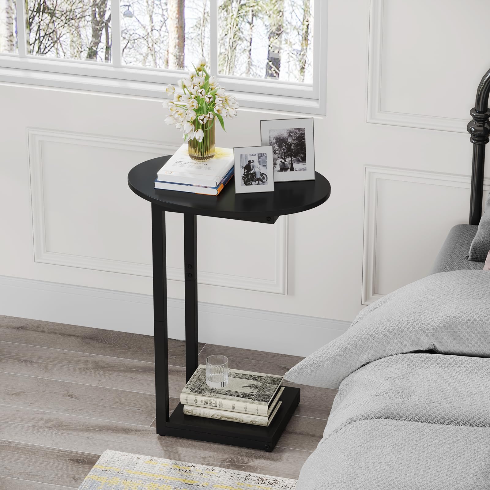 Hosfais Small Side Table End Table: C Shaped Oval Coffee Table, Wooden TV Tray for Living Room, Bedroom, Couch, Small Spaces (White)