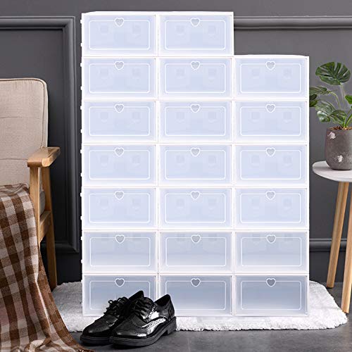 YIPONYT 20 Pack Shoe Box Side Open, Plastic Stackable Shoe Storage Organizer Shoe Container Sneaker Box for Men Women Shoe (13.0 x 9.1 x 5.5 inches, White)