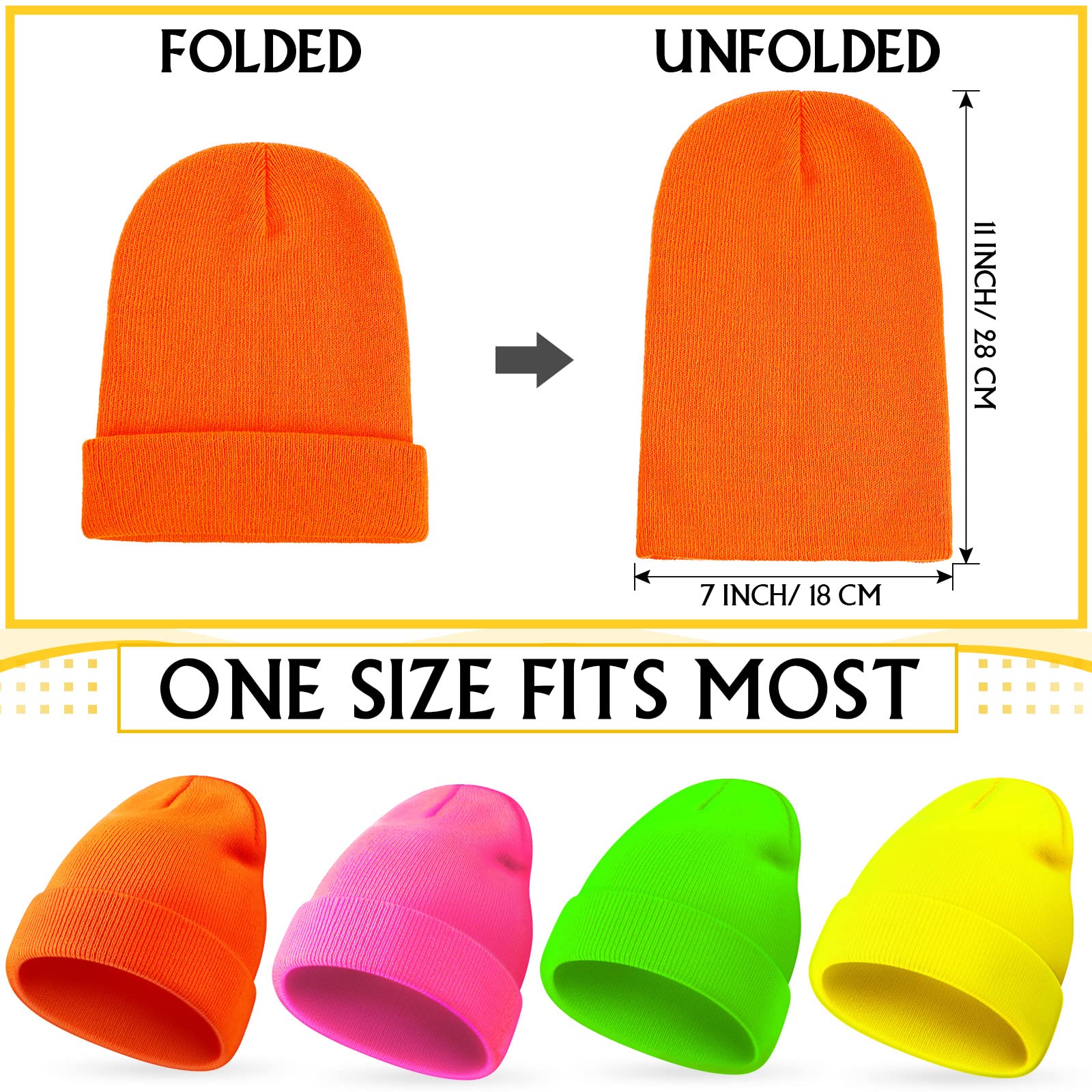JenPen Neon Beanie Hat Slouchy Beanie Cap Unisex Knitted Winter Hat Ski Plain Beanie Cap for Men and Women (4 Pieces), Green, Yellow, Orange and Pink, One Size