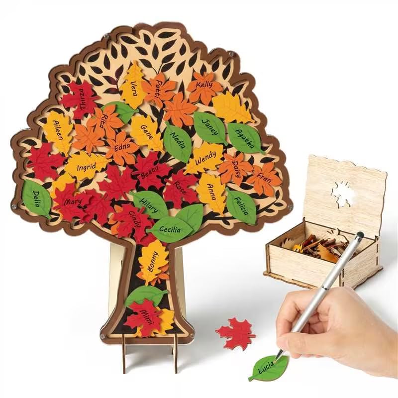 WATINC 50Pcs Thanksgiving Thankful Tree Guest Book Alternative with Wood Box, Fall Rustic Keepsake Tree Drop Box Teacher Appreciation Thank You Gift from Student, Baby Shower Weeding Reception Decor