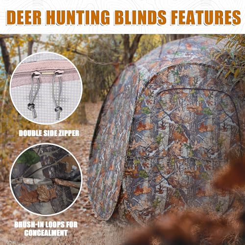 HUNT MONSTER Hunting Blind 1-3 Person,300 Degree See Through Pop up Ground Blinds for Deer Turkey Duck Hunting, Bow Hunting Accessories, Double Side Zipper Window (Camo-Light Brown)
