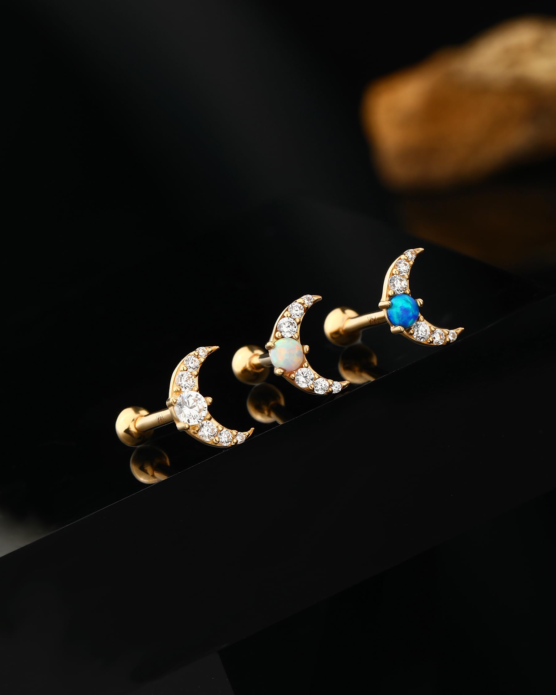 Jewseen 14K Gold Cartilage Earrings 16g Tragus Earring Moon Helix Rings Star Conch Piercing Lightning Cartilage Stud Body Jewelry
