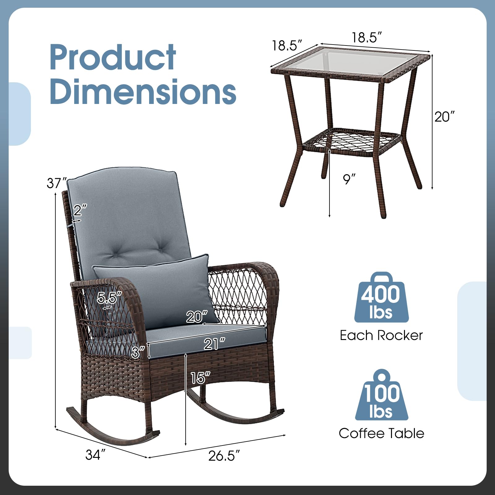 Tangkula 3 Piece Patio Rocker Set, Patiojoy Outdoor Wicker Rocking Chairs w/Double-Layer Coffee Table, Rattan Rocker Chair Set w/Seat Back Cushions & Pillows, for Porch, Backyard, Poolside (Grey)