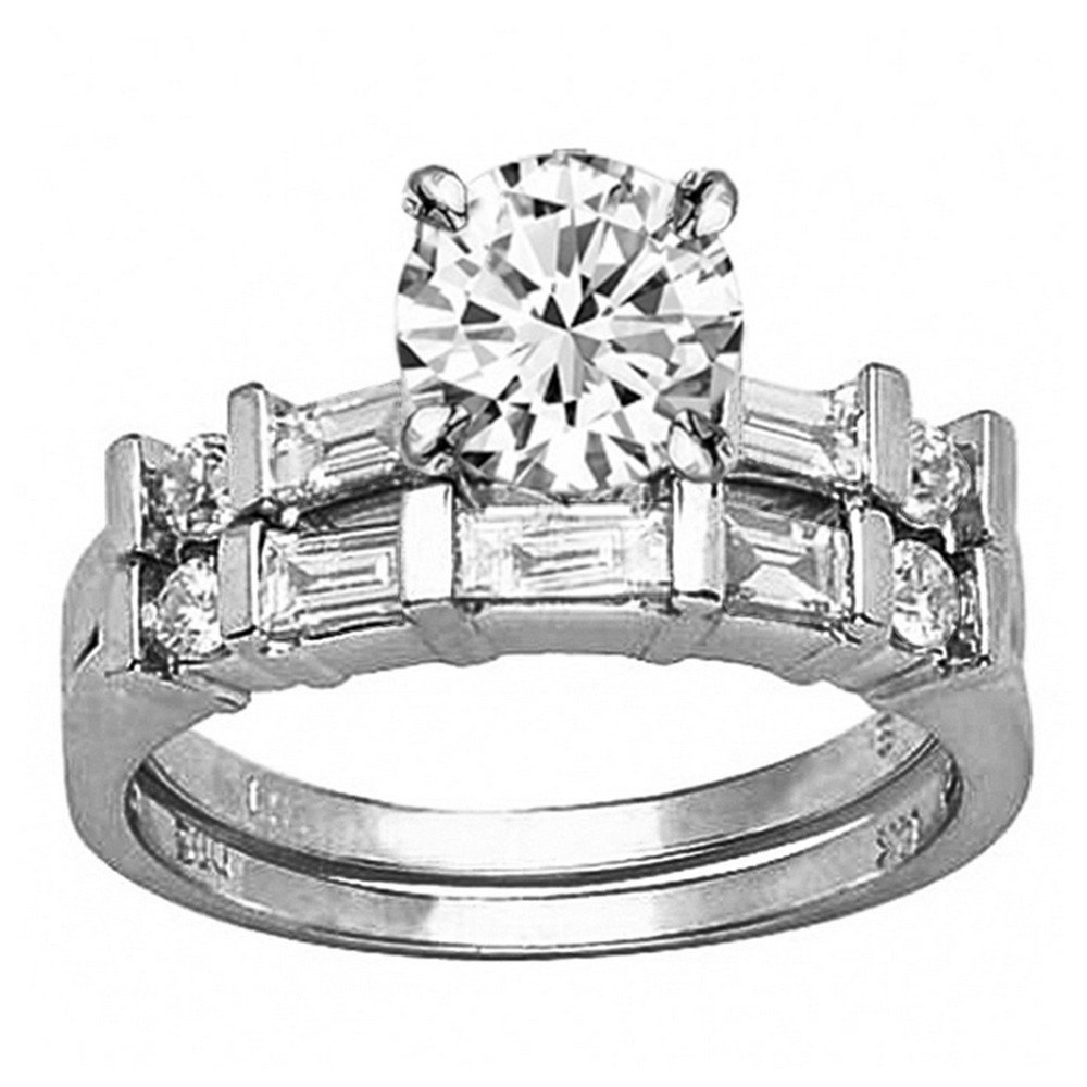 Houston Diamond District 3 Carat Classic Lab 14K White Gold Synthetic Lab Grown Round Baguette Round Wedding Bridal Set IGI Certified Diamond Engagement Ring (2 Ct, H-I Color, VS1-VS2 Clarity Center)