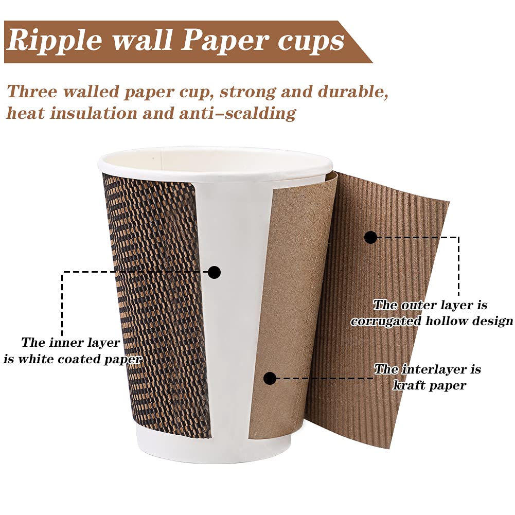 Hssugi 12 Oz Disposable Hot Coffee Cups with Lid, Ripple Wall Paper Cup, Insulated Double Ripple Wall Paper Coffee Hot Cups for Coffee, Tea, Hot Chocolate Drinks(50 pack)