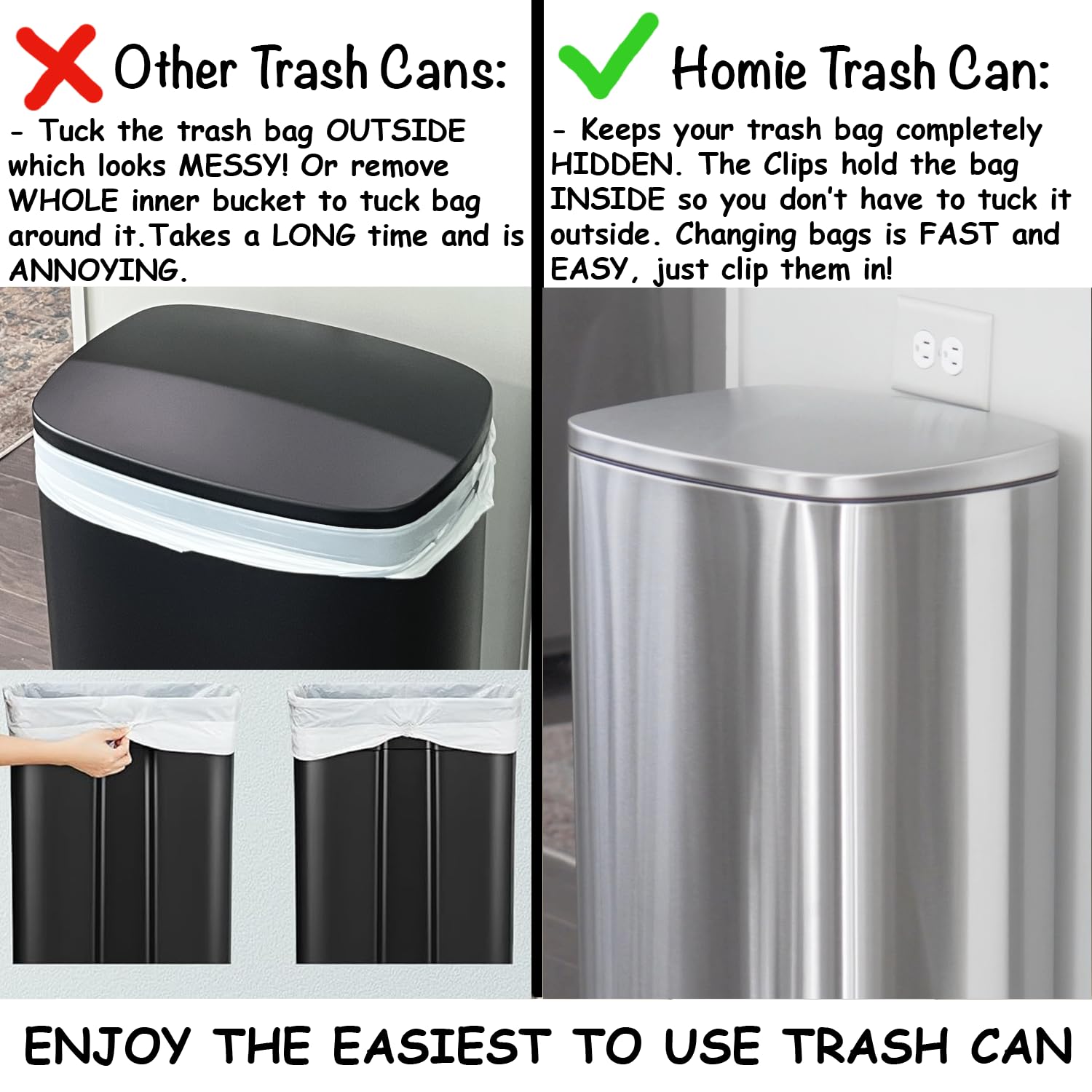 Homie 13 Gallon Kitchen Trash Can Soft Close with Anti - Bag Slip Liner and Lid, Use as Garbage Basket, Tall Dust Bin, or Decor in Bathroom, Restroom, Kitchen, or Bedroom (Brushed Stainless Steel)