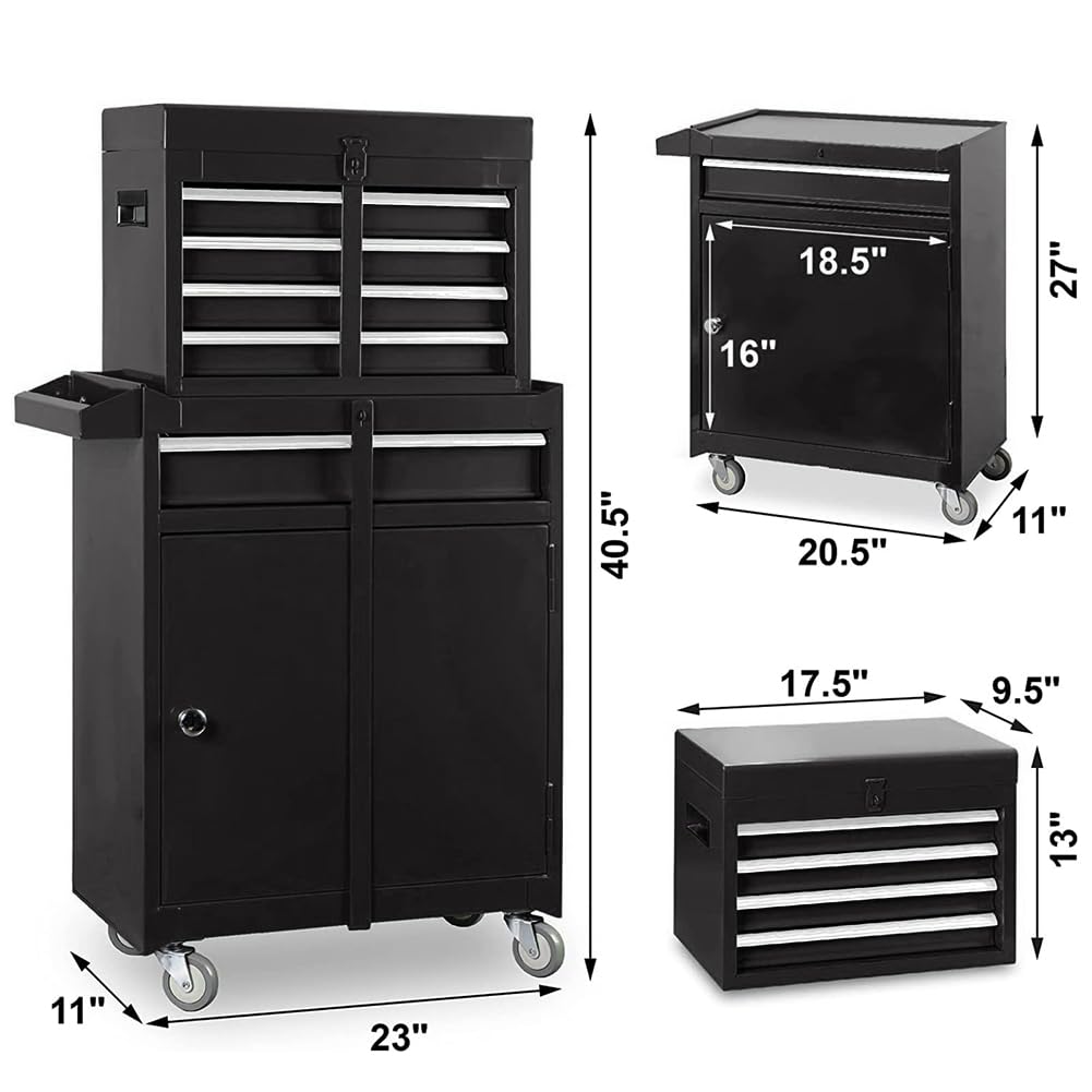 HPDMC Rolling Garage Workshop Tool Organizer/Detachable 4 Drawer Tool Chest with Large Storage Cabinet and Adjustable Shelf, 20.3" l x 11" w x 40.4" h, Red