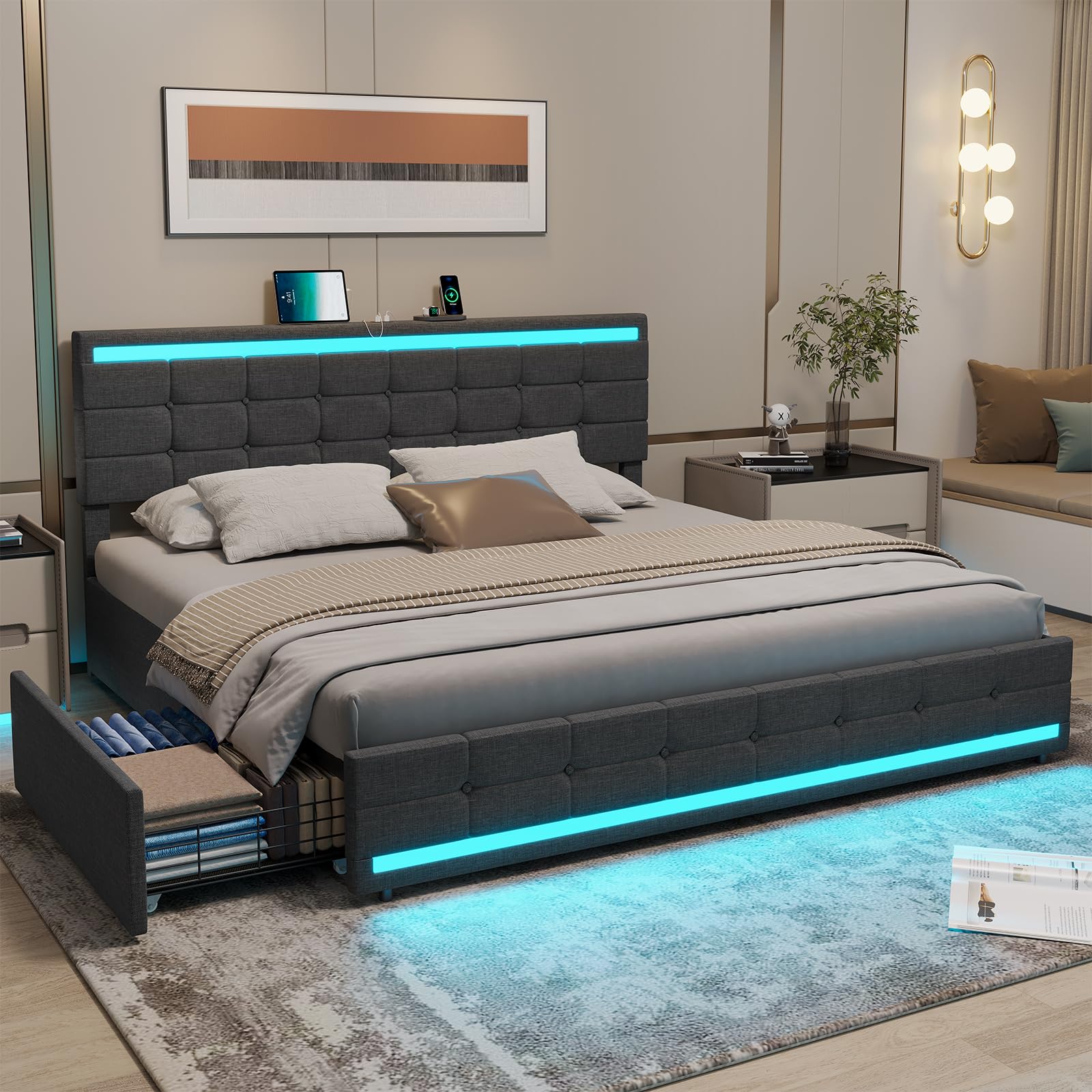 HAUOMS King Size LED Bed Frame and Headboard, Upholstered King Platform Bed Frame with Storage Drawers,2 USB Charging Station,Upgraded 2-Row Support Bars, No Box Spring Needed, Dark Grey
