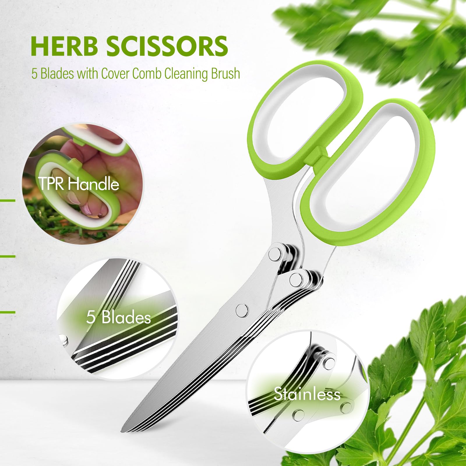 Herb Scissors,5 Blade Kitchen Herb Shears Herb Cutter with Safety Cover and Cleaning Comb for Chopping Basil Chive Parsley, Stainless Steel, Sharp Dishwasher Safe Kitchen Gadget - Green