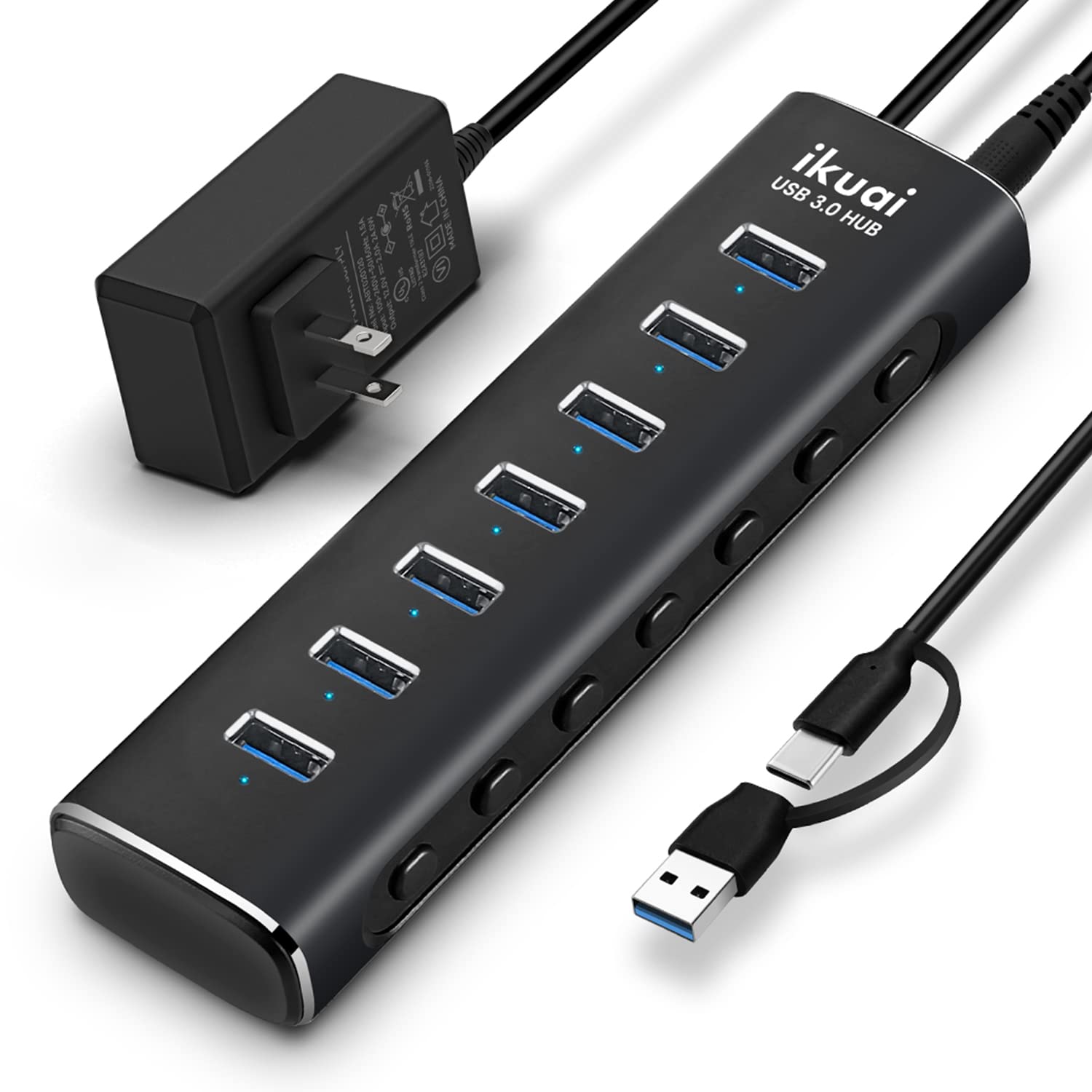 Powered USB 3.0 Hub, ikuai 7-Port 3.0 Data Aluminum USB Hub Splitter with 24W AC Adapter and 3.3ft Extended Long Cable for PC, Laptop, PS4, HDD, Flash Drive