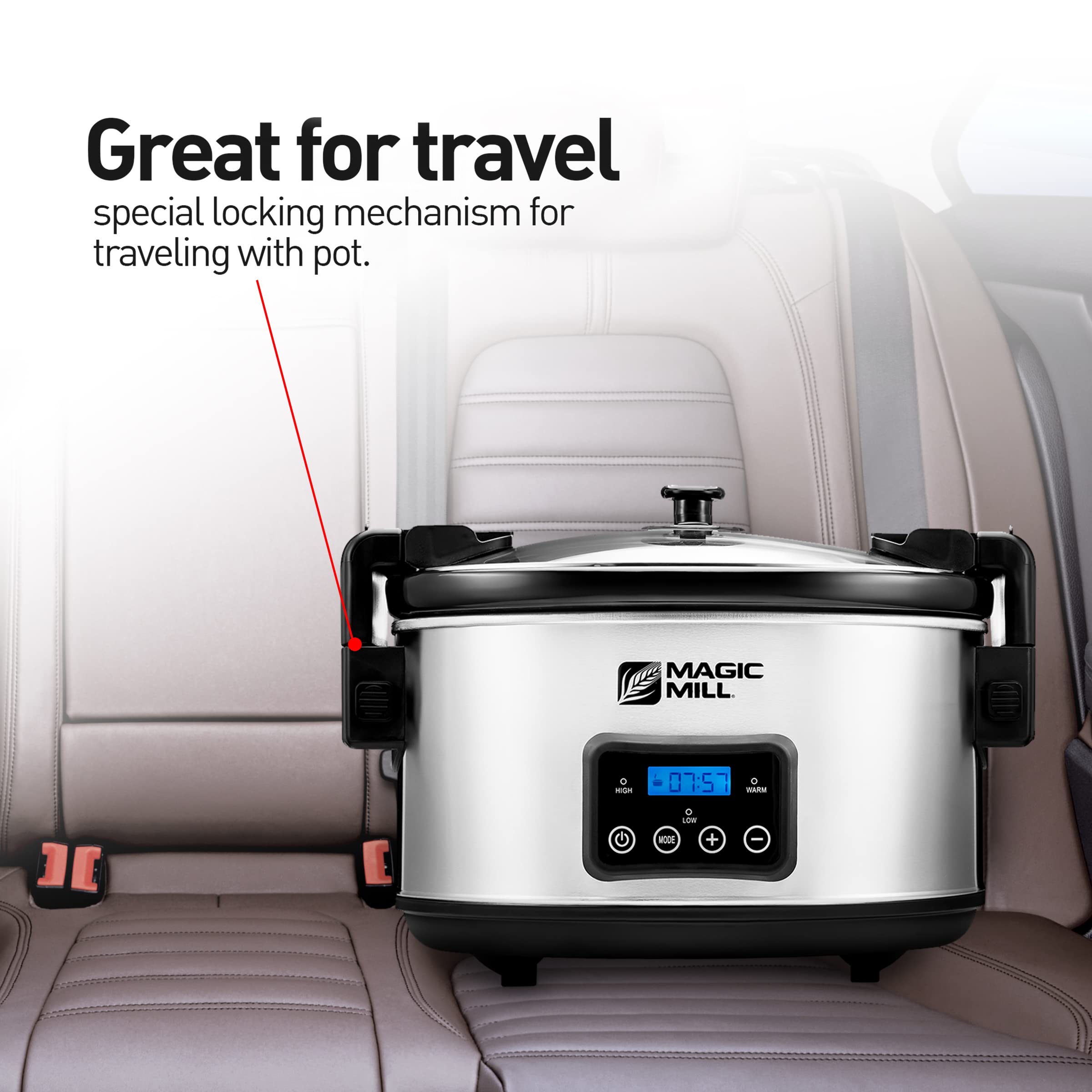 Magic Mill 8.5 Quart Extra Large Programmable Slow Cooker with Digital Adjustable 20 Hour Timer, 3 Cooking Settings, Brushed Stainless Steel, With Intelligent Lid Lock