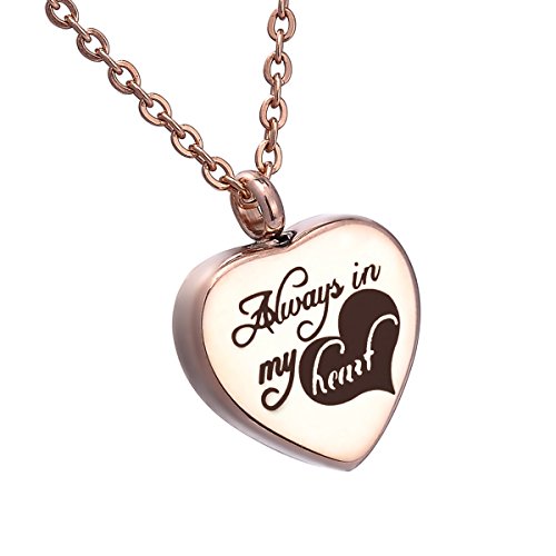 HooAMI Cremation Jewelry Always in My Heart Memorial Urn Necklace Rose Gold Plated
