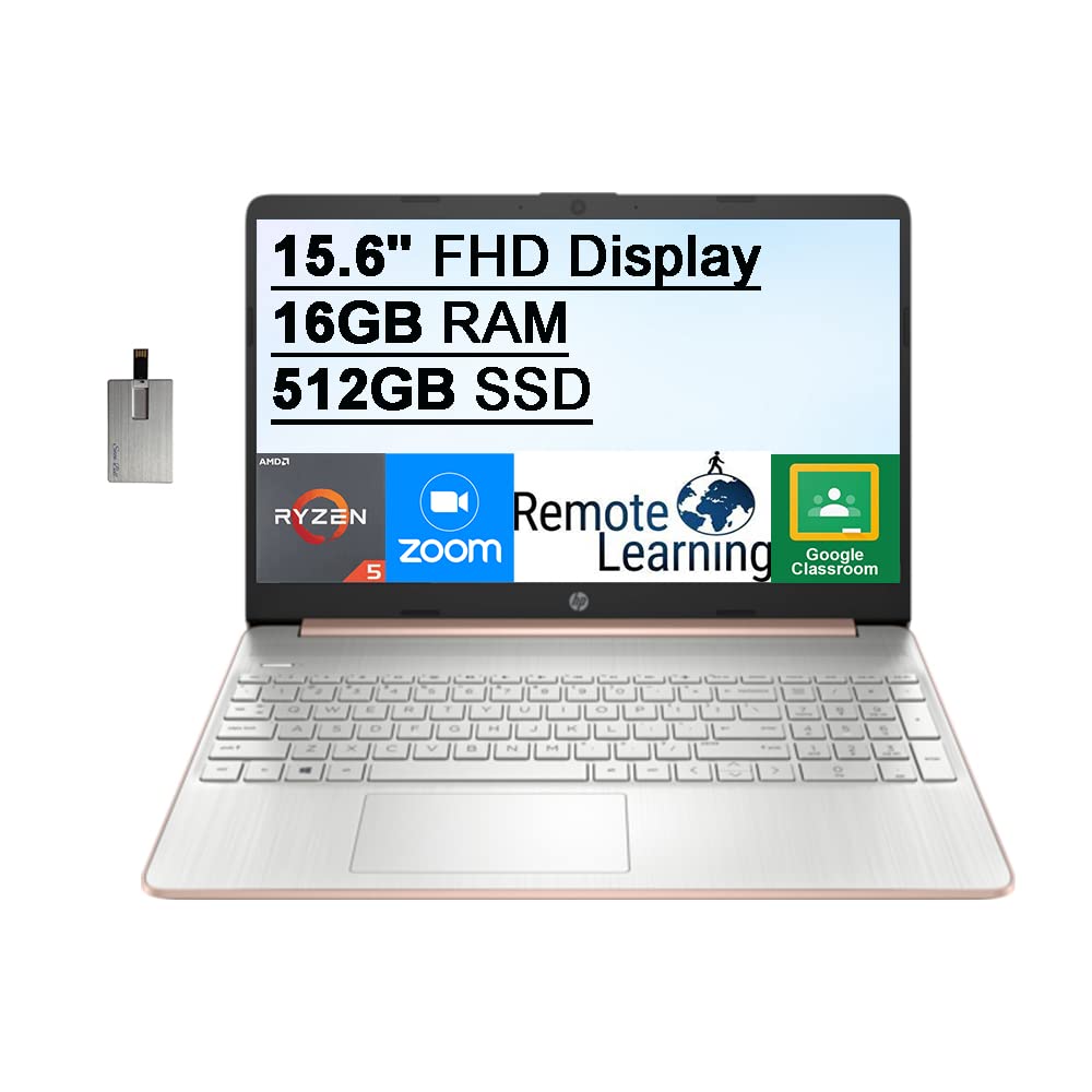HP 15.6" FHD Laptop Computer, AMD Ryzen 5-5500U Processor(Beats i7-1065G7), 16GB RAM, 512GB PCIe SSD, AMD Radeon Graphics, HD Webcam, HDMI, Bluetooth, Wi-fi, Win10, Gold, 32GB USB Card (Renewed)