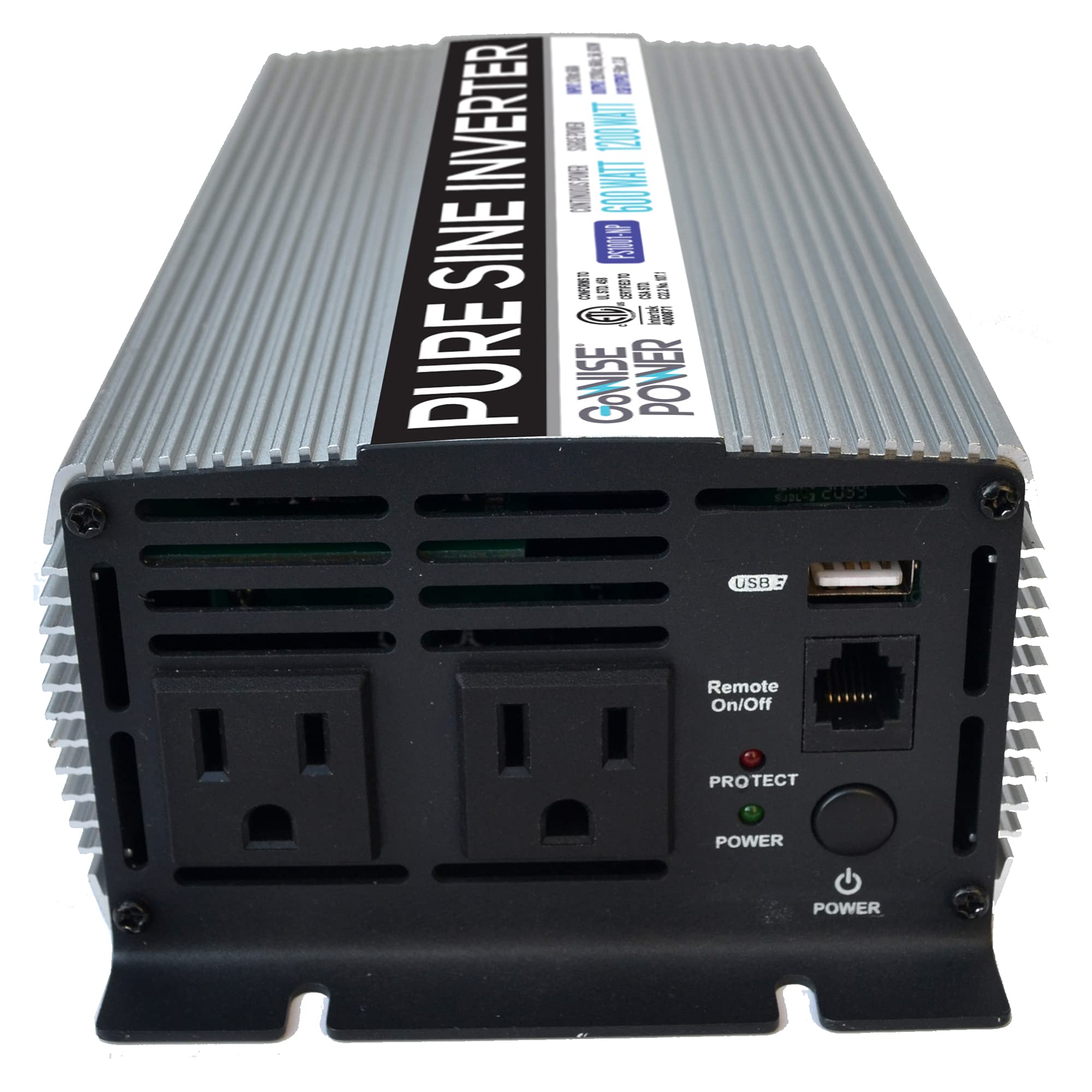 GoWISE Power 600W Pure Sine Wave Inverter 12V DC to 115V AC with 2 AC Outlets + 1 5V USB Port and 2 Clamp Cables (1200W Peak) PS1001