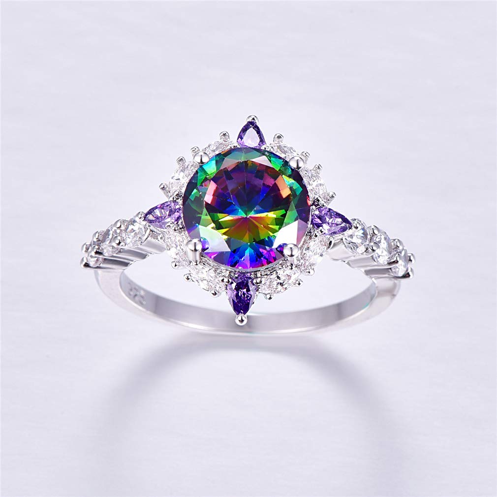 Honghu Engagement Rainbow Topaz 925 Sterling Silver Ring Gemstone Ladies Jewelry Gift Multicolor #8