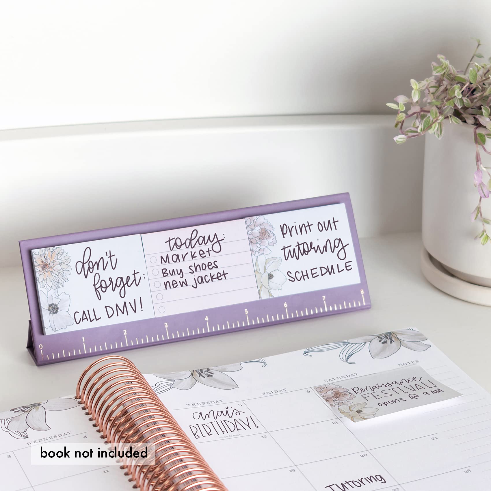 Magnetic Sticky Note Stand - Flora. Includes 3 Pads w 30 Sticky Notes Each. 8" Ruler Built-in. 8.25" W x 2/75" H x 1.25" D Assembled. Standing Sticky Notes Set by Erin Condren.