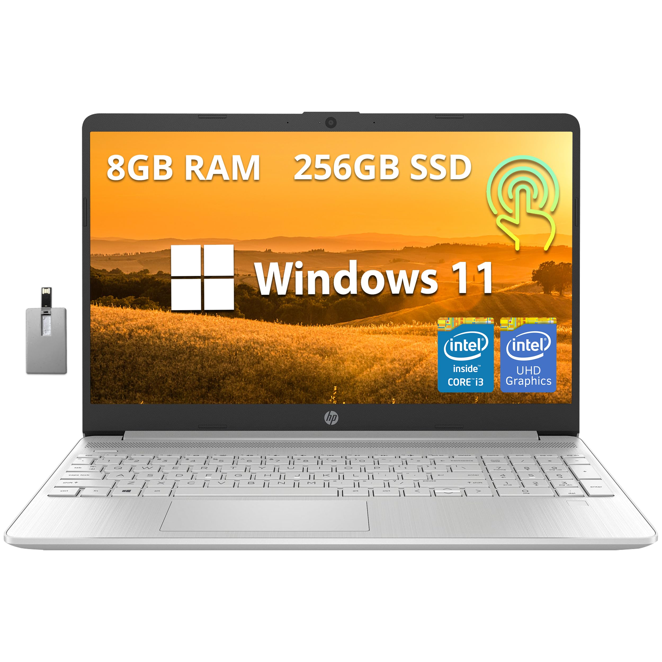 HP 2022 15.6'' HD Touchscreen Laptop, 11th Gen Intel Core i3-1115G4, 8GB DDR4 RAM, 256GB PCIe SSD, Intel UHD Graphics, HD Audio, 720p HD Camera, Win 11, Silver, 32GB Snow Bell USB Card
