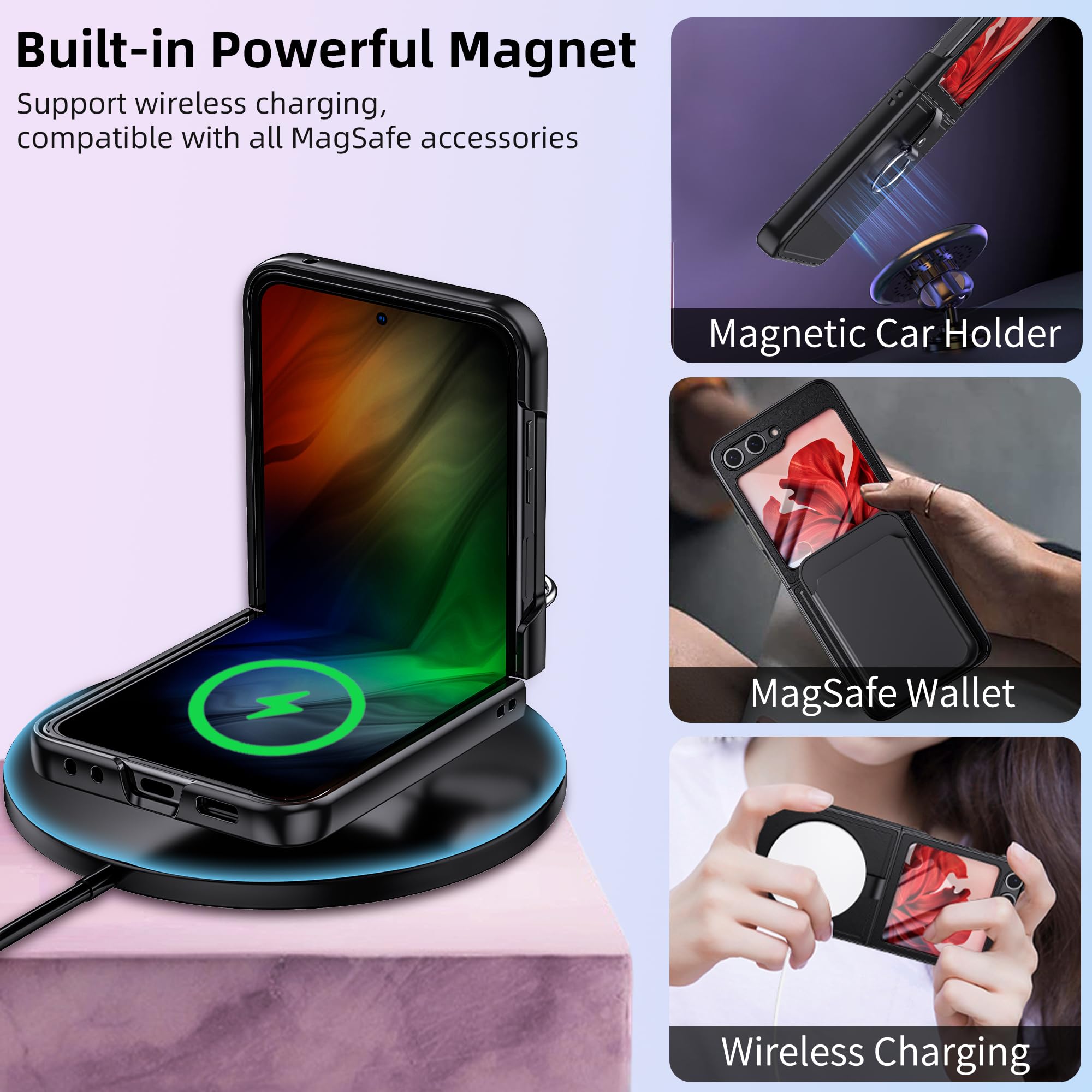 Hoerrye for Samsung Galaxy Z Flip 5 Case with ring [Built-in Magnet for MagSafe + Screen Protector] Wireless Charging PU Leather Slim Phone Cover for Galaxy Z Flip 5 5G 2023,Purple