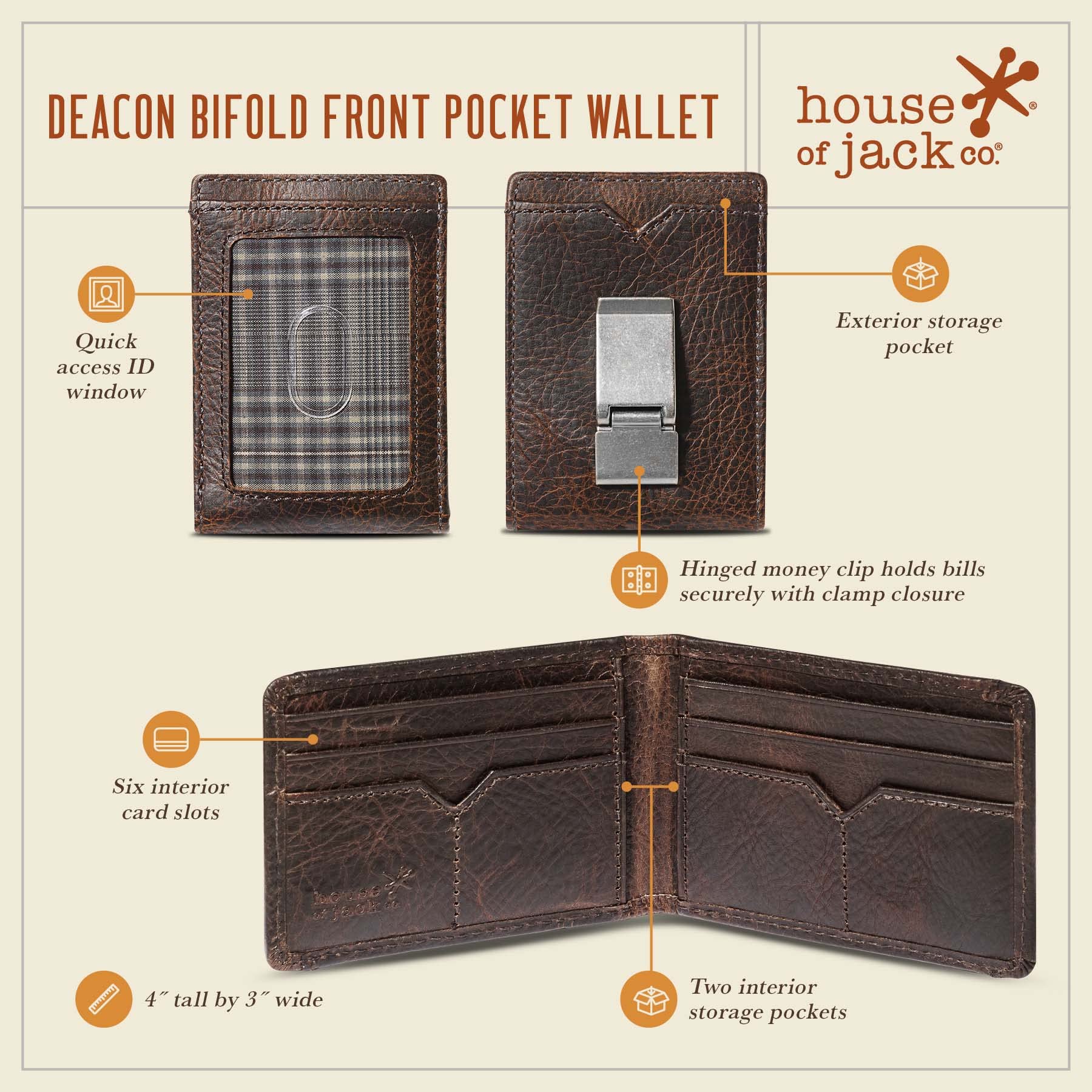 House of Jack Co. DEACON Bifold Front Pocket Wallet | Slim Money Clip Wallet For Men | Exterior ID Window | Full Grain Leather Men's Wallet