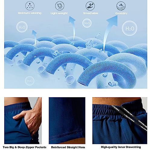 GYM REVOLUTION Men's 5 Pack Workout Running Gym Quick Dry Training Shorts with Zipper Pockets Black Grey Dark Grey Army Green Khaki L