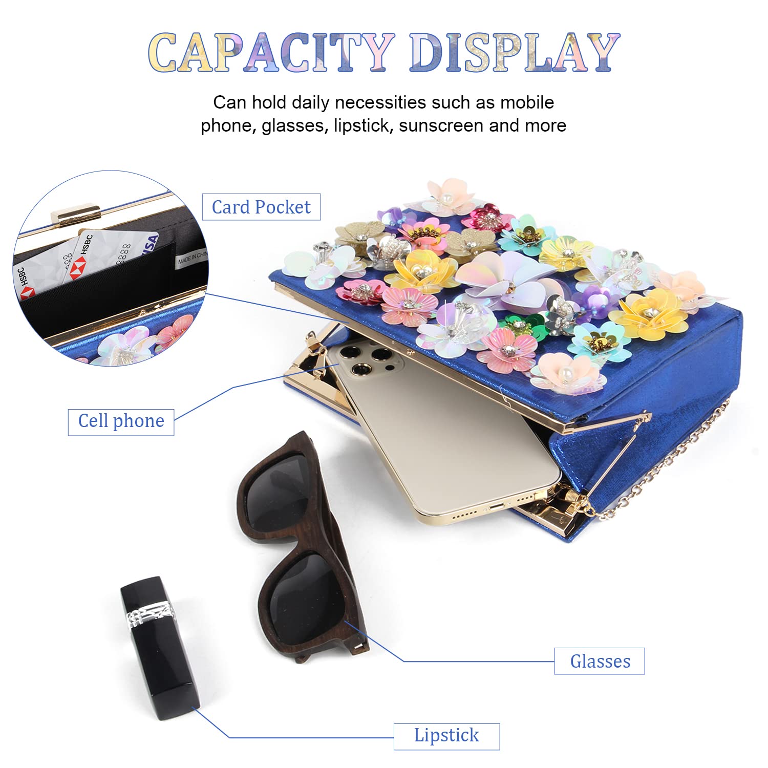 Lanpet Women Clutches Colorful Flower Evening Bag Sequins Satin Evening Clutch Bride Wedding Handbag