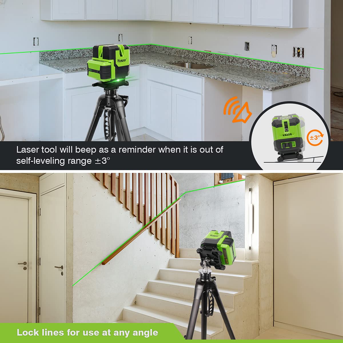 Huepar Multi-Line Laser Level-360° Floor Horizontal and Two Vertical Lines with Plumb Dot, Green Cross Line Self-leveling Laser Tool-Rotating Base, Lifting Base, Li-ion Battery&Hard Carry Case LS21G