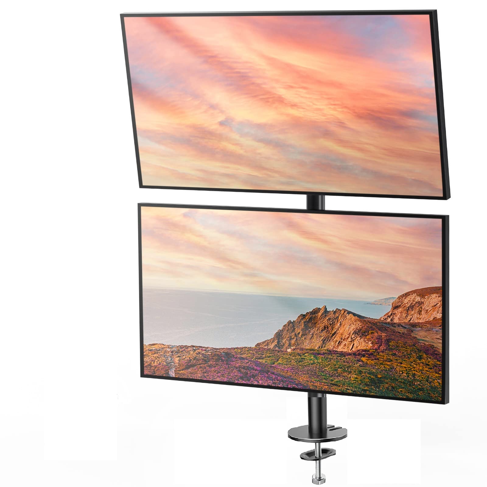 HUANUO Vertical Dual Monitor Mount, Stacked Monitor Stand for 2 Monitors with Height Adjustment Computer Monitor Arm Supports Two 17 to 32 Inch with C Clamp Each Monitor Desk Mount Hold up to 17.6lbs