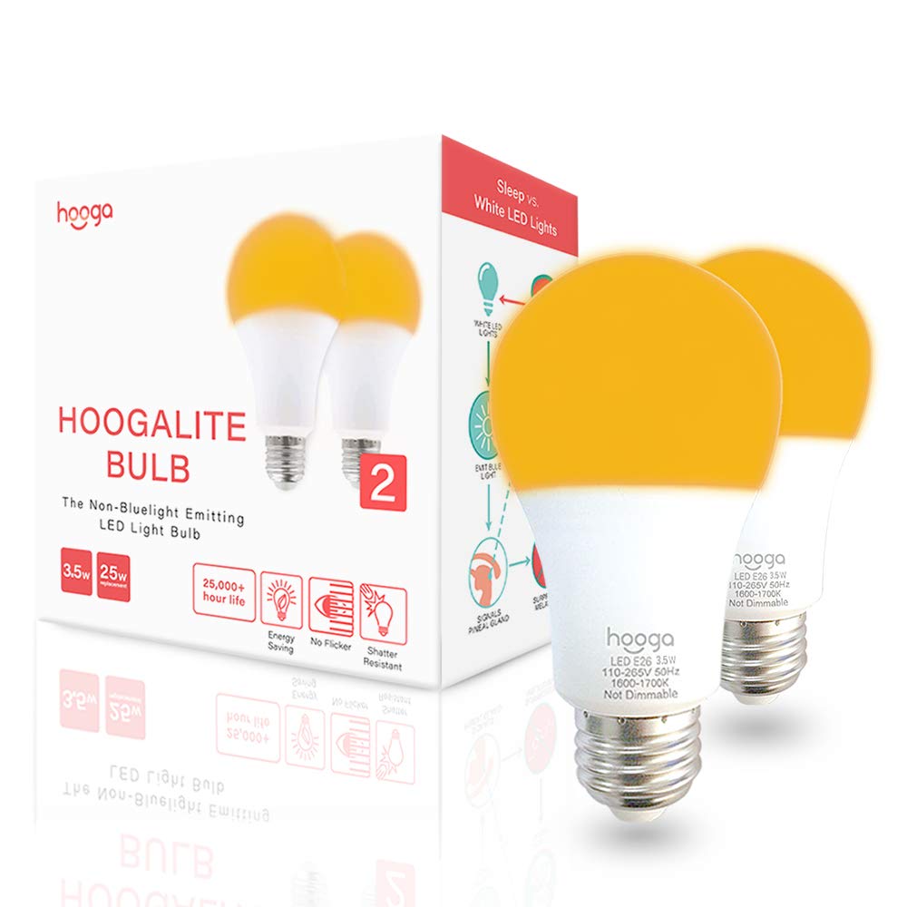 hooga Sleep Light Bulb, Blue Light Blocking Amber Night Light. 1600K Sleep Aid Emits Only 0.06% Blue Light for Healthy Sleep. Baby Nursery Light. 3.5W LED, 25W Replacement 2-Pack