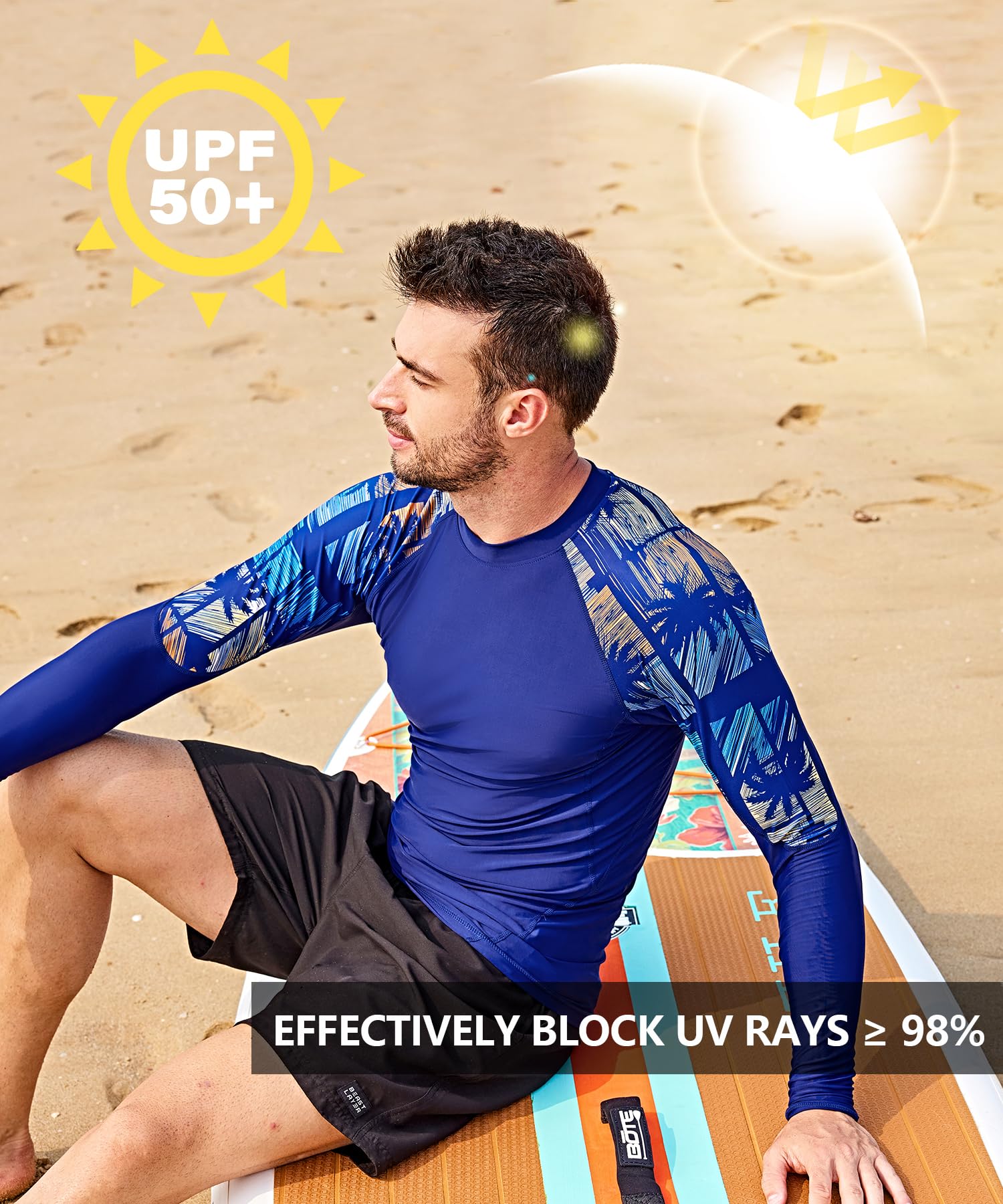 HUGE SPORTS Men's Rash Guard Long Sleeves UPF 50+ UV Sun Protection Quick Drying Splice Compression Swim Shirts(Tropical Style,L)