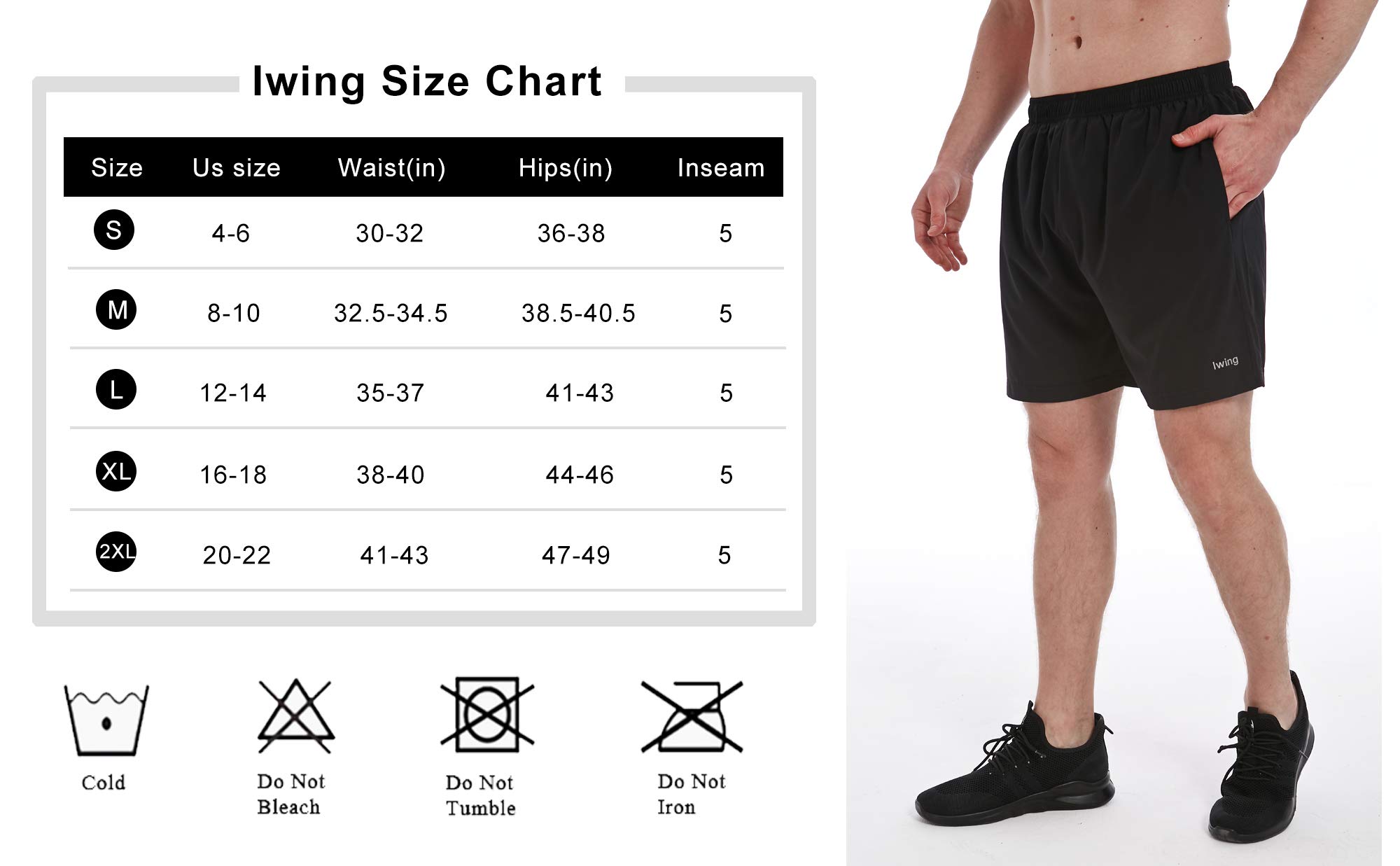 Iwing Men's 5" Running Athletic Shorts Zip Pocket Quick Dry Workout Training Mesh Liner Black L