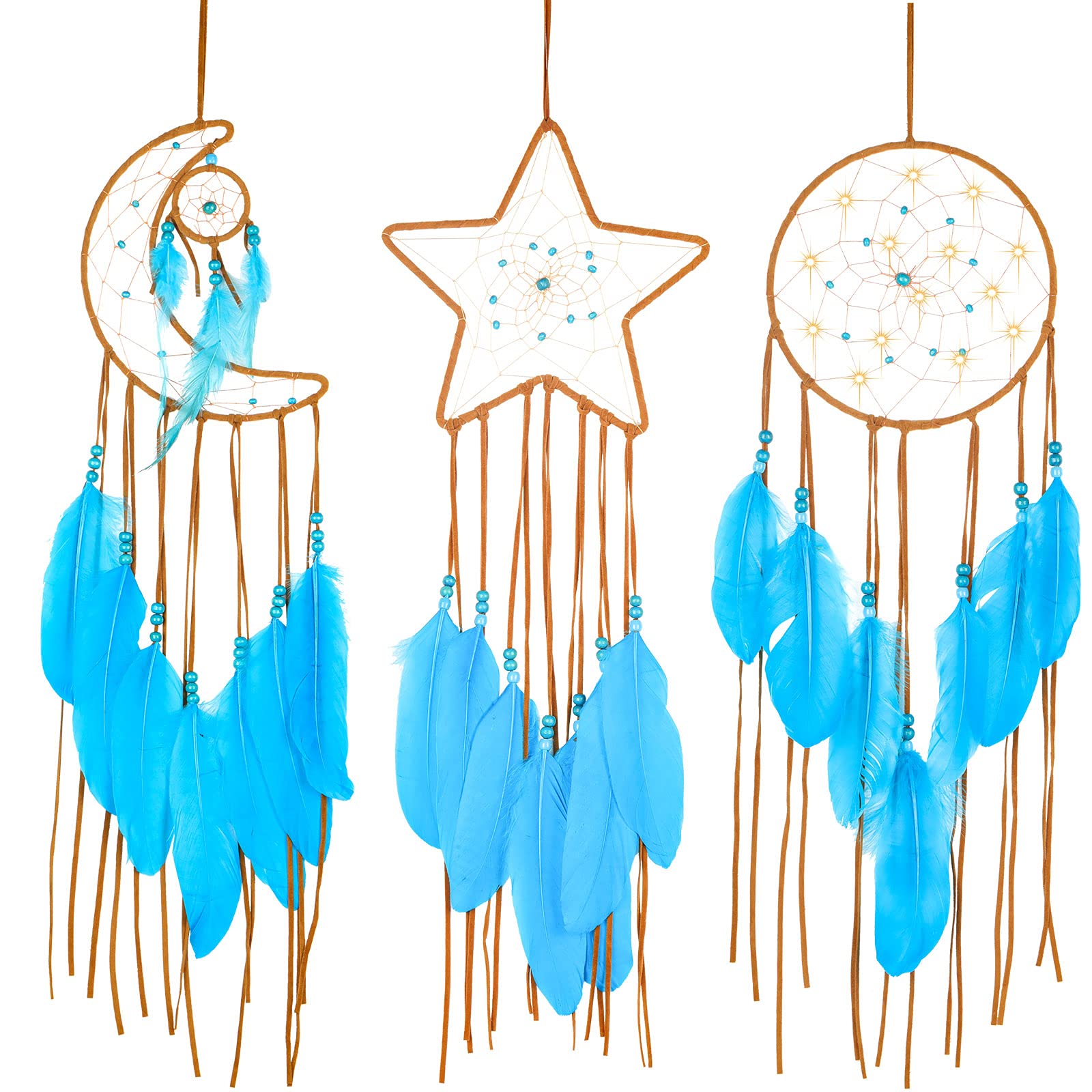 Jetec 3 Pieces Macrame Dream Catcher Moon Sun Star Design Woven Wall Hanging Decor Handmade Traditional Design with 3 LED Light for Wall Hanging Home Decoration (Blue)
