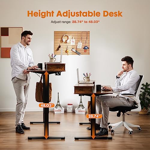 Height Adjustable Electric Standing Desk with Storage Shelf Double Drawer, 55 x 24 Inch Stand up Desk, Sit Stand Desk with Splice Board, Standing Table Black Frame/Rustic Brown Desktop for Home Office