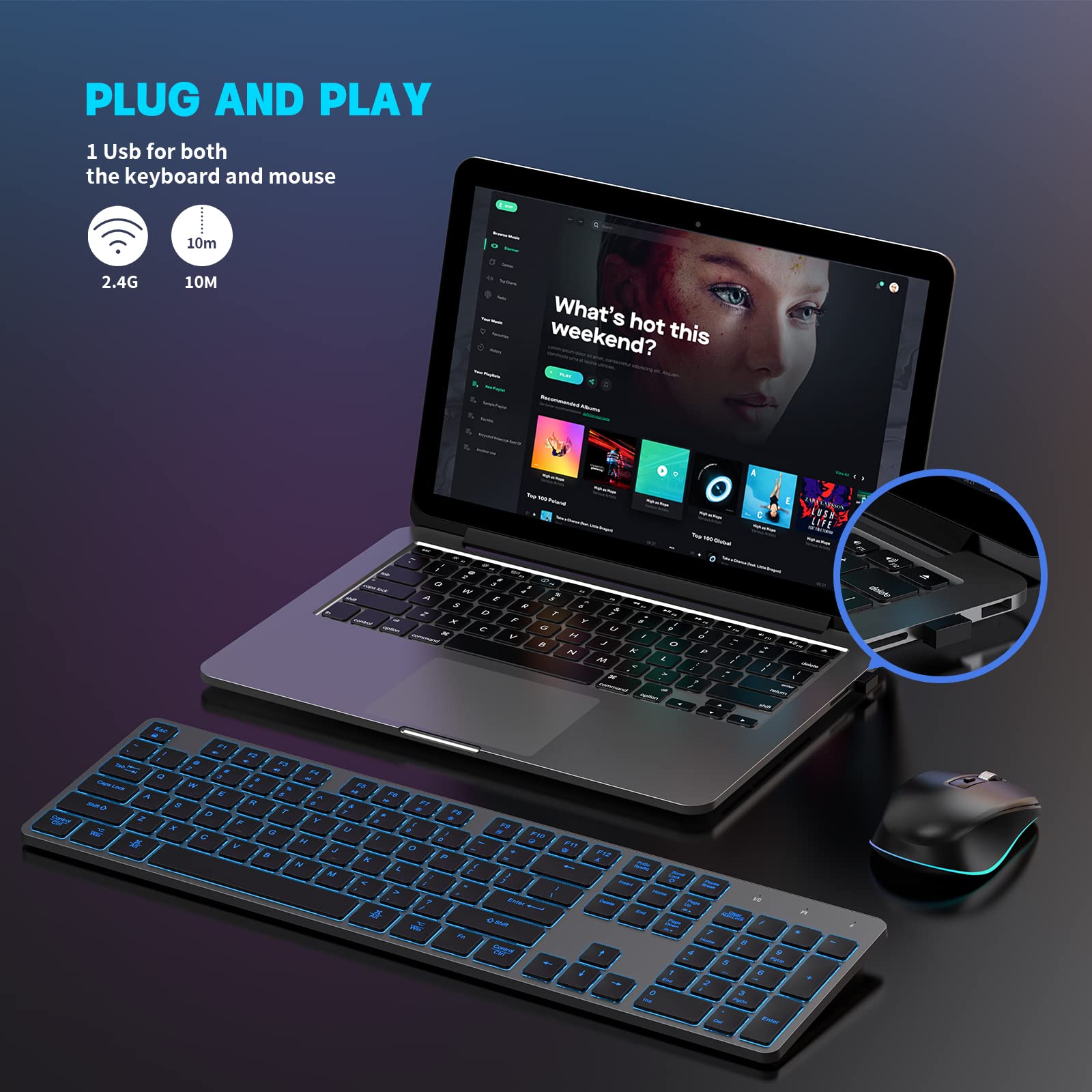 POWZAN Wireless Keyboard and Mouse, Rechargeable Wireless Keyboard Mouse Combo, Jiggle Mouse Slim Full Size Silent 7 Color Backlit 2.4G USB Keyboard for Windows, Mac Desktop/Laptop/PC, Gray