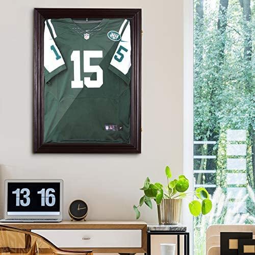 HOMCOM 24" x 32" Jersey Frame Display Case, UV-Resistant Jersey Shadow Box with 2 Keys, Hanger, Cherry Brown