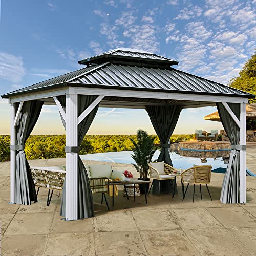 YITAHOME White Gazebo 10x12ft Hardtop Double Roof Canopy Galvanized Iron Aluminum Frame Outdoor Gazebo with Netting and Shaded Curtains Garden Tent for Patio, Backyard, Deck and Lawns, Grey Curtain
