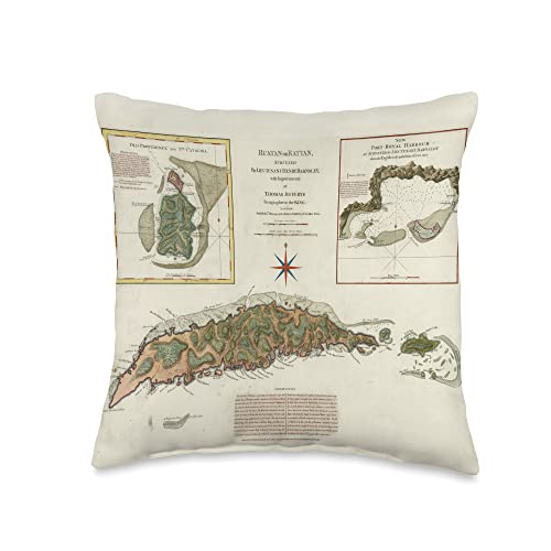 Ruatan and Rattan Island Atlas Roatan Honduras Vintage Map Throw Pillow, 16x16, Multicolor
