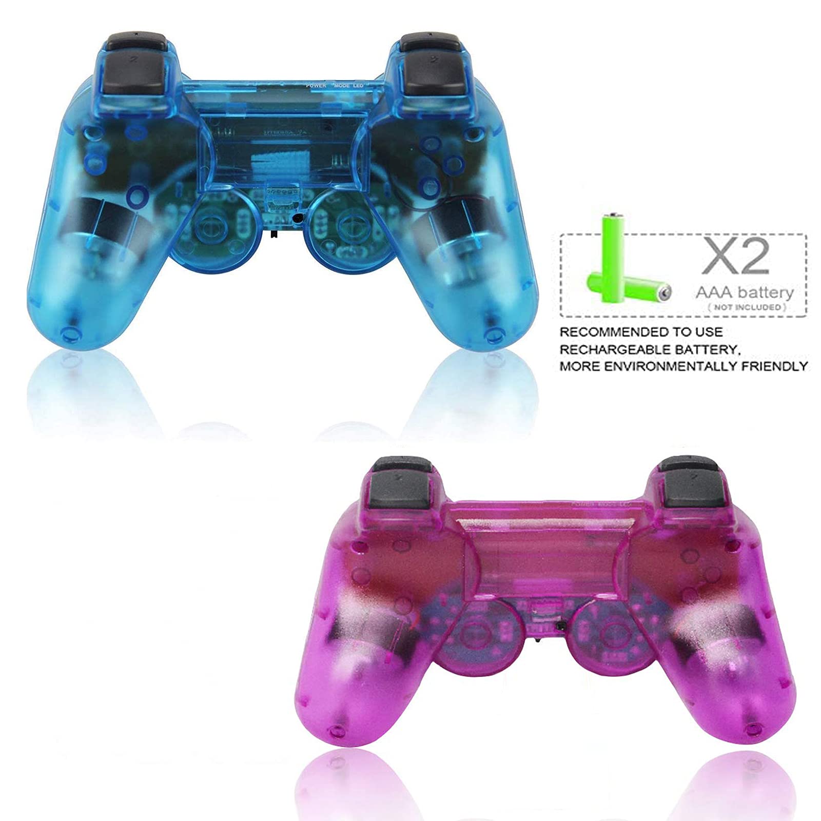 JINHOABF Wireless Controller for PS2,Built-in Dual Vibration 2.4G Gamepad Joystick Compatible for PS2 Controller,with Wireless Receivers (2PACK, Clear Green and Clear Purple)