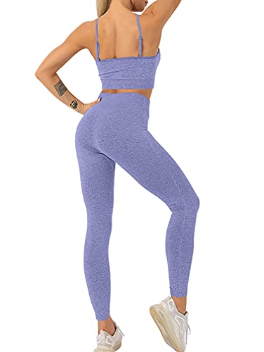 HYZ Women's Seamless Workout 2 Piece Outfits High Waist Legging Adjustable Strap Yoga Bra Sets Bluegrey
