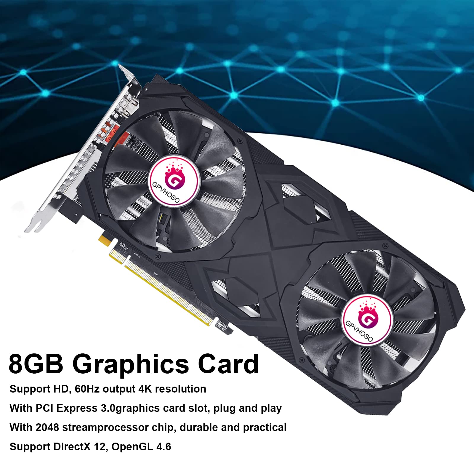 GPVHOSO RX580 8G Graphics Card, 8GB GDDR5 (256bit) Graphics Card2048SP, GDDR5, 256 Bit, with Dual Fan Cooling System, HDMI, DP, PCI, DVI-Output, Express 3.0, for Computer Gaming Video Editing